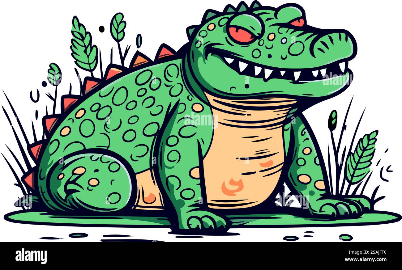 Cute cartoon crocodile sitting in the grass. Vector illustration Stock ...