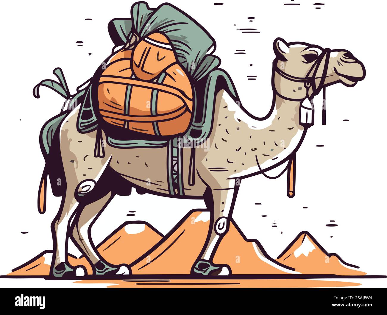 Camel in the desert. Vector illustration of a camel with a backpack ...
