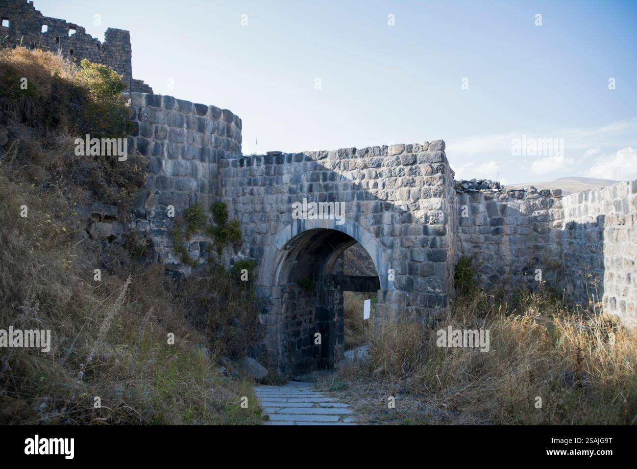 Old castle in nature. Walls of the old castle. Fortress towers. Castle ...