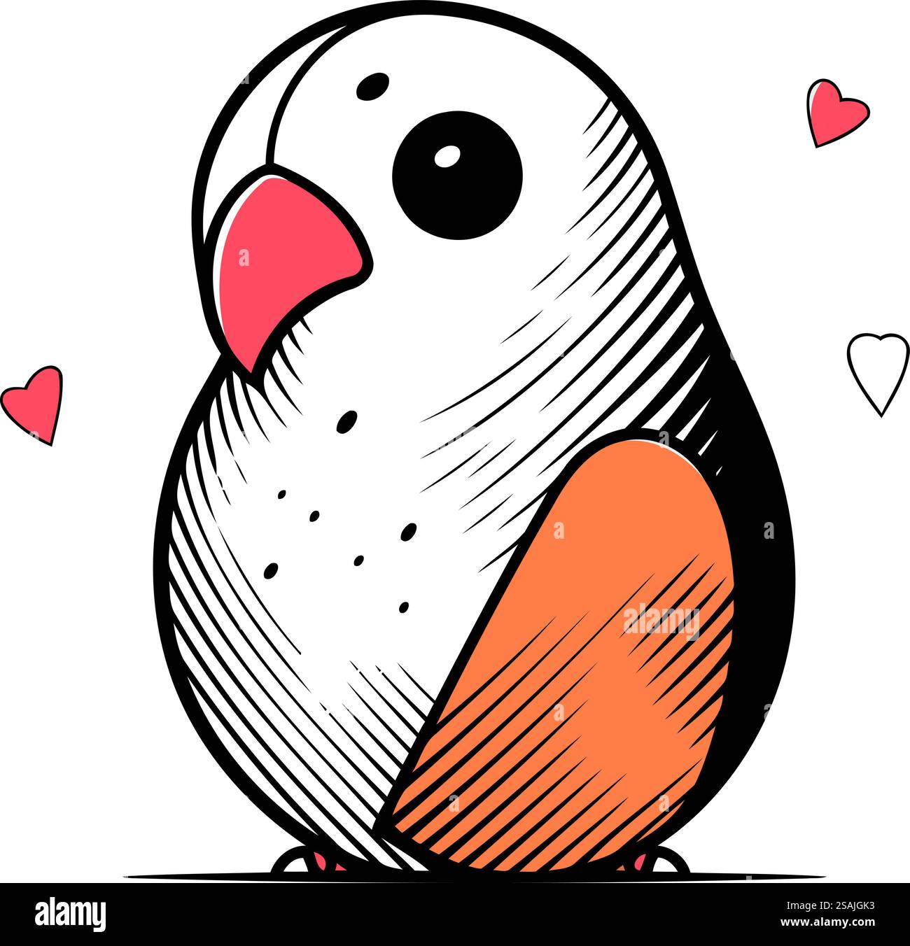 Vector illustration of a cute cartoon parrot with hearts on a white ...