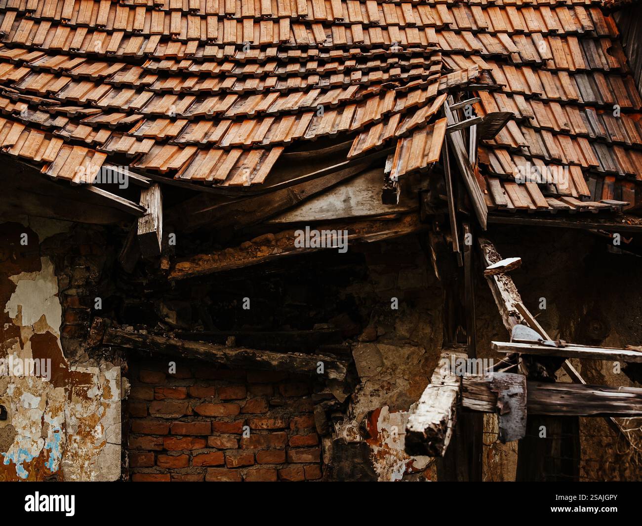 Collapsing Wooden House With A Broken Roof And Crumbling Walls: An Abandoned Rural Structure ...