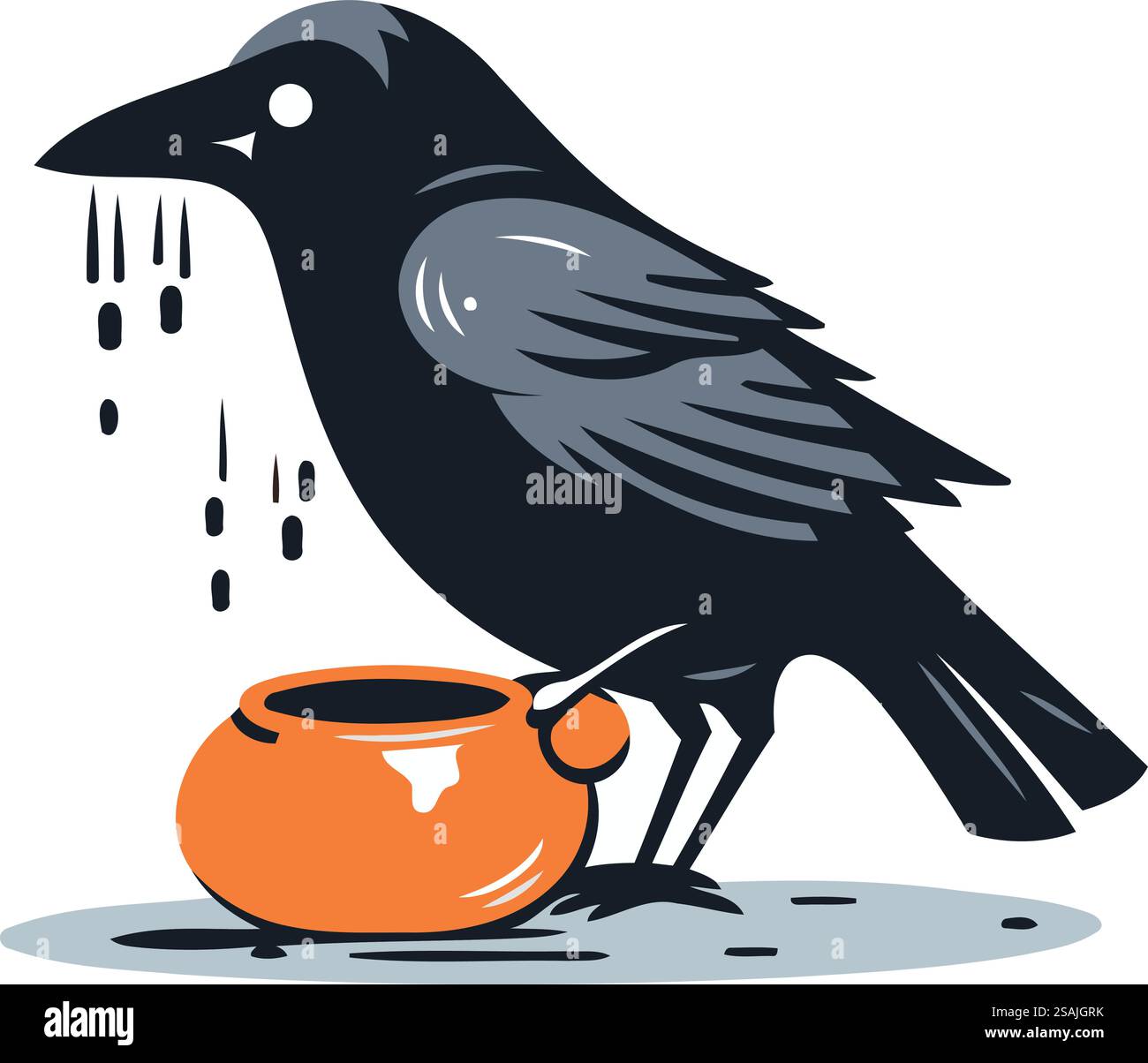 Crow with a bowl of water. Vector illustration in cartoon style Stock ...