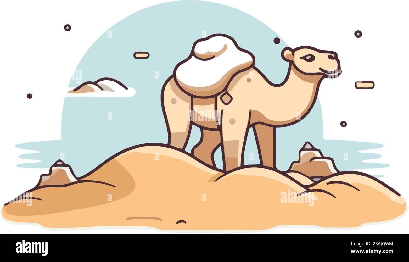Camel in desert. Vector illustration on white background. Cute cartoon ...