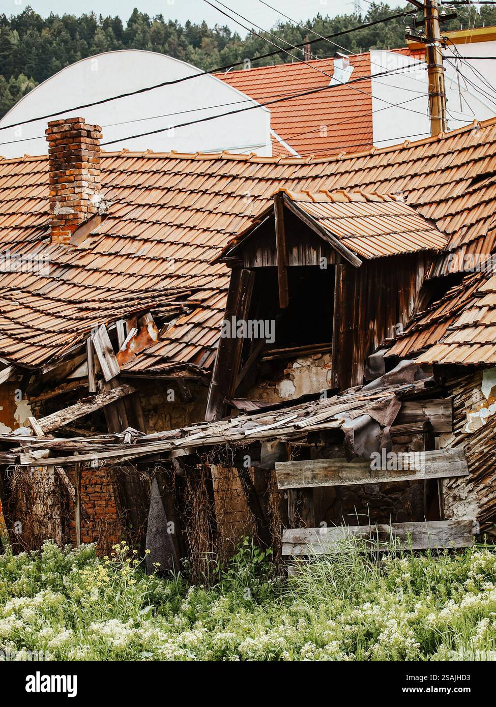 Collapsing Wooden House With A Broken Roof And Crumbling Walls: An Abandoned Rural Structure ...