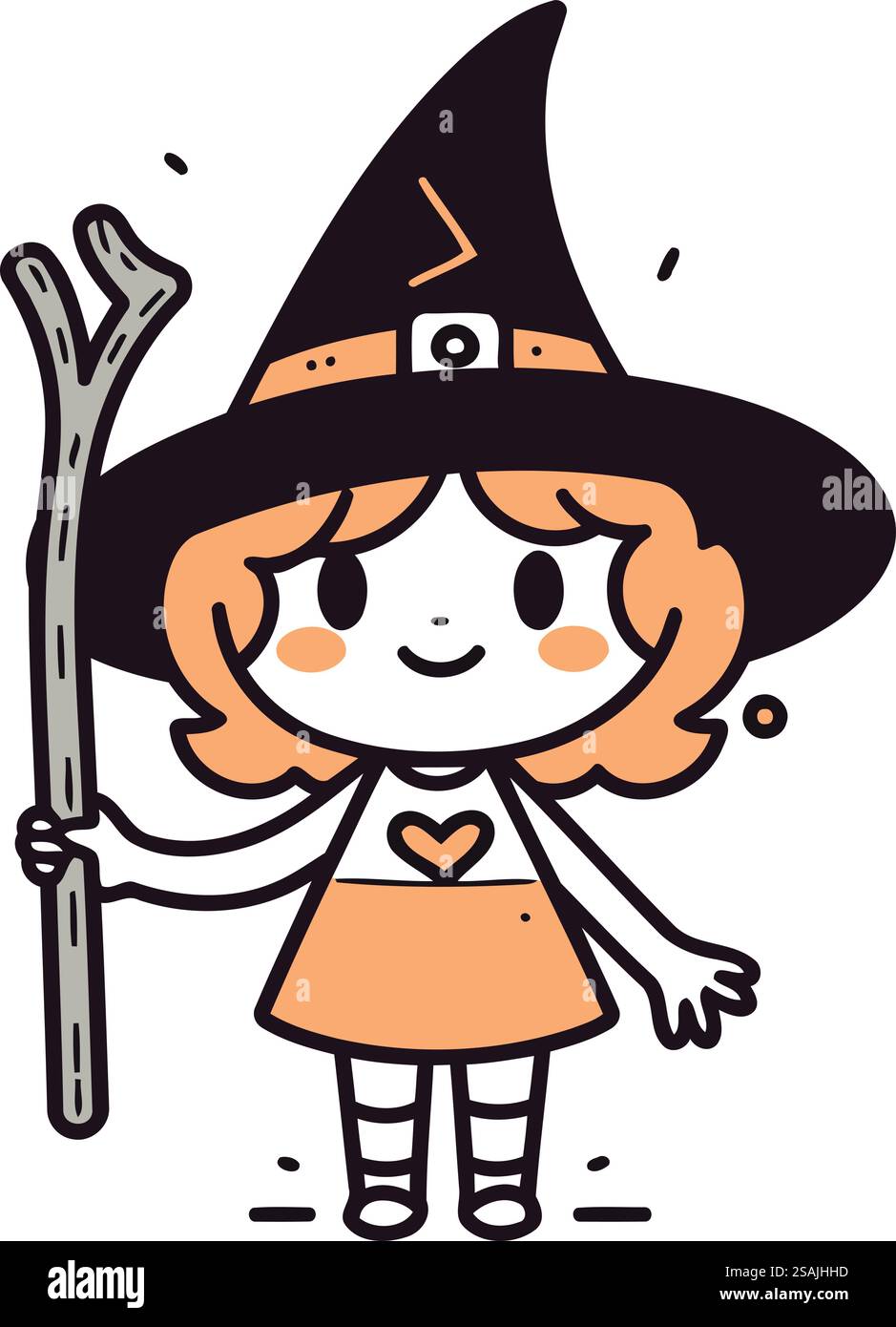 Cute little girl in witch costume with magic wand. Vector illustration ...