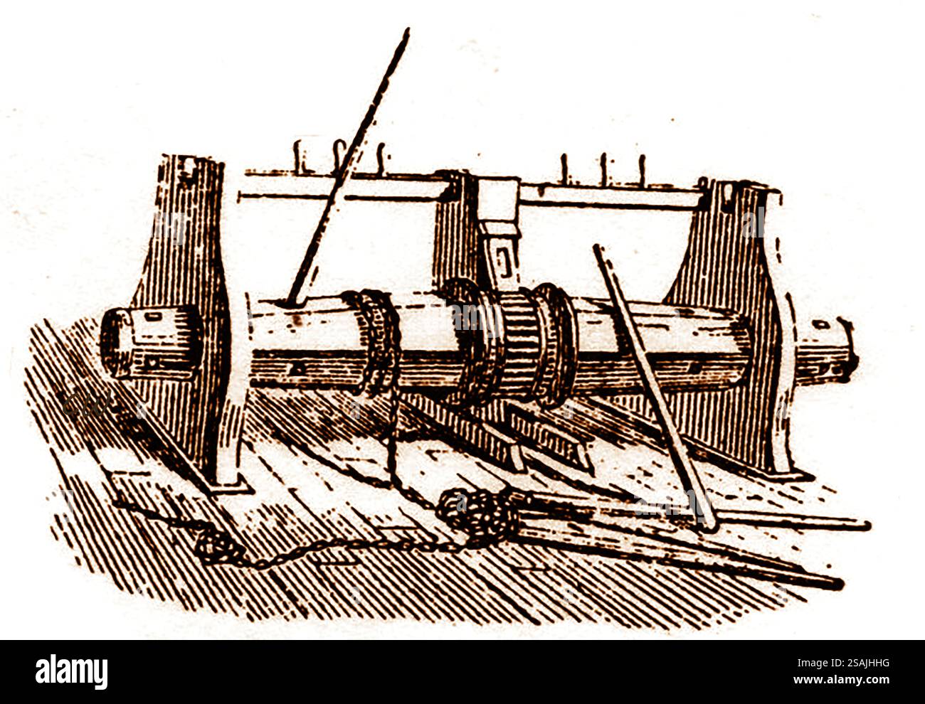 A 19th century illustration showing a typical sailing ship's windlass ...