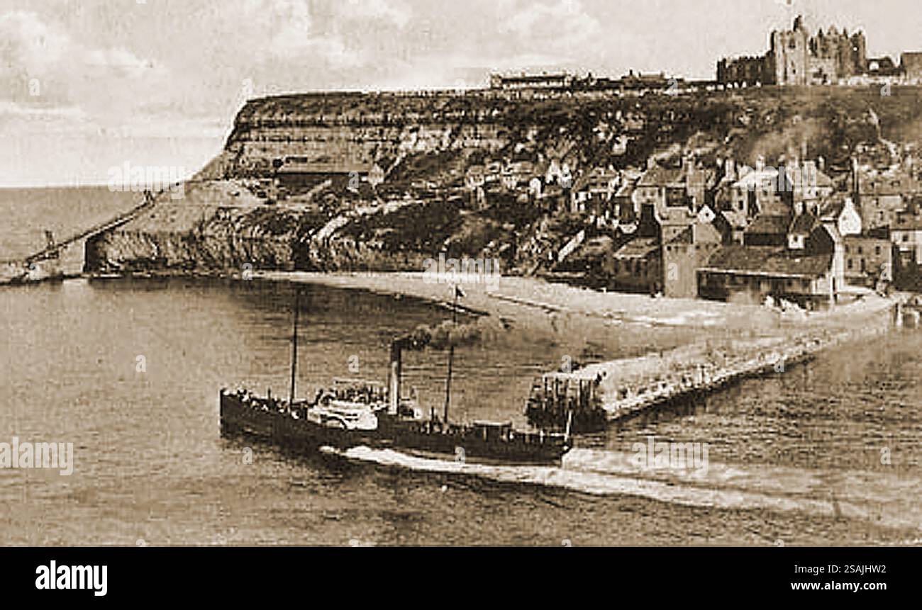 Steamship (paddle steamer) SCARBOROUGH leaving Whitby harbour (North ...