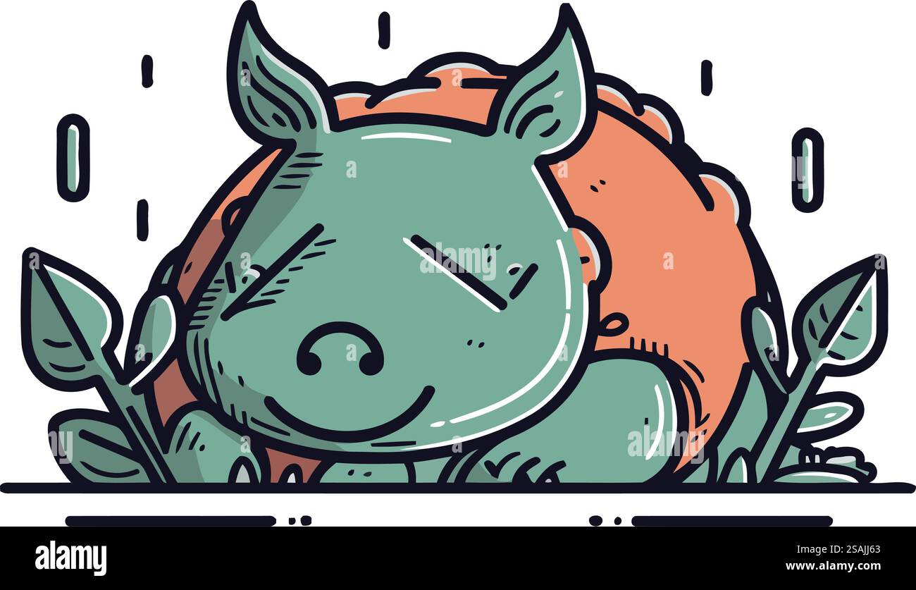 Cute cartoon rhinoceros sleeping in the rain. Vector illustration Stock ...