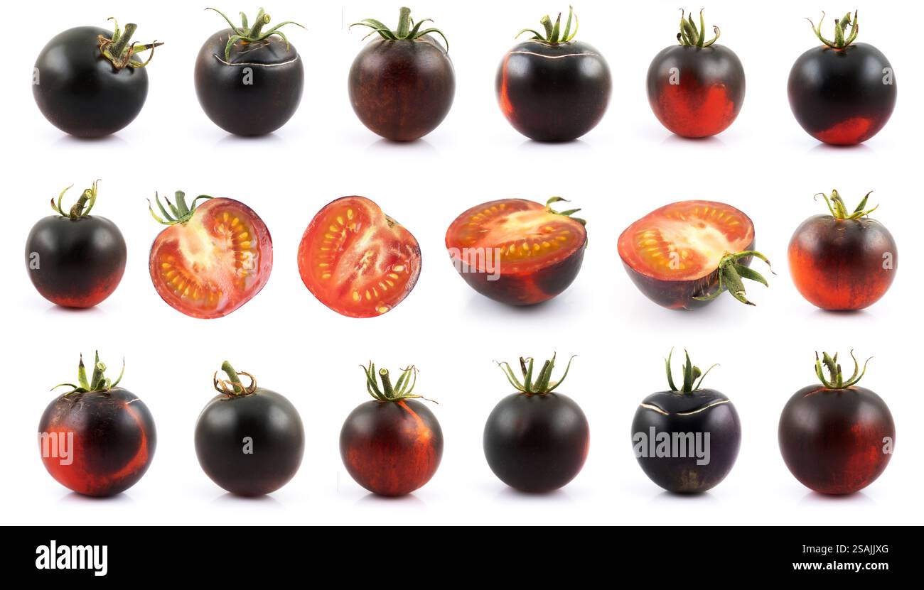black tomatoes cultivars isolated on white background. Various shapes ...