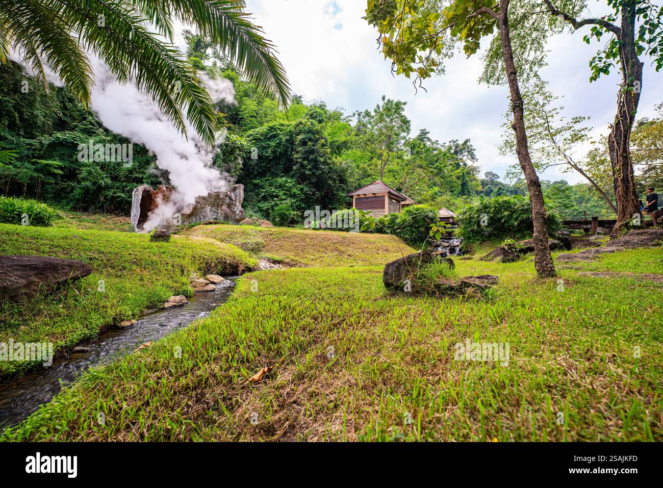 Fang hot spring. A scenic view of a natural hot spring emitting steam ...