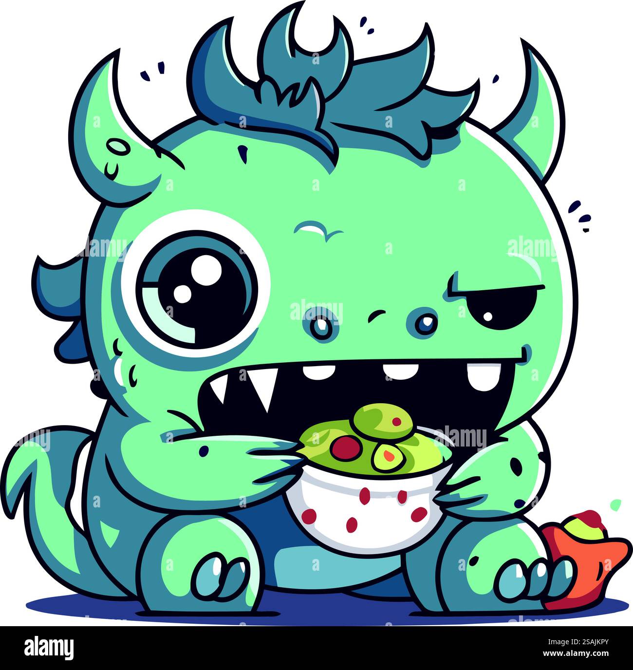 Funny cartoon monster eating a bowl of food. Vector illustration Stock ...