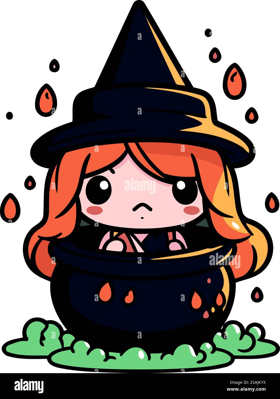 Cute little girl in witch costume holding pot of potion. Vector ...