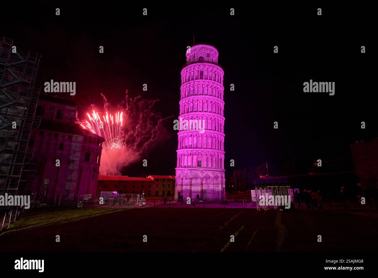 Fireworks behind The Leaning Tower of Pisa at the presentation of 100 ...