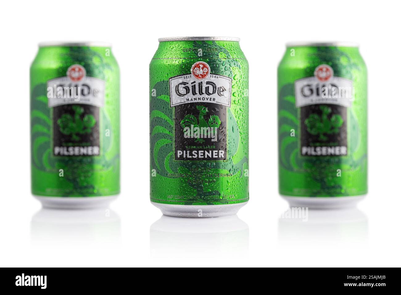 Dnipro, Ukraine - August 27, 2024: Gilde pilsener beer cans with water ...