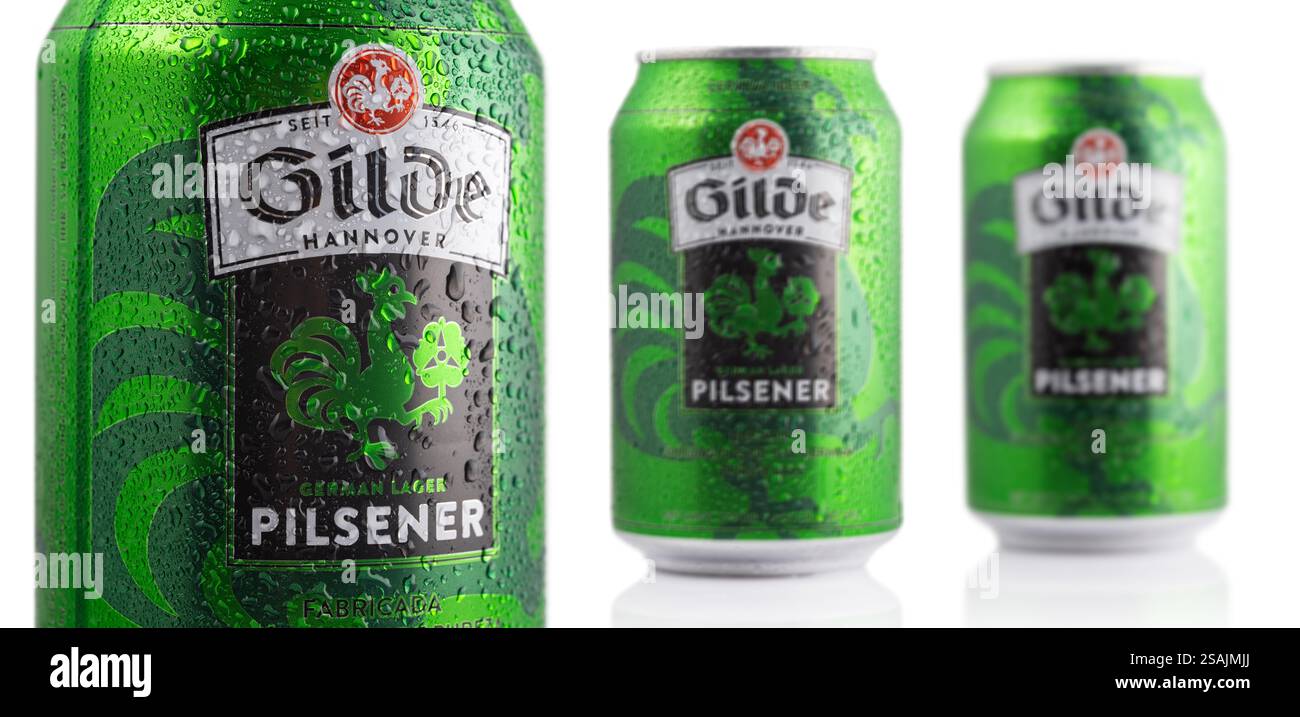 Dnipro, Ukraine - August 27, 2024: Gilde pilsener beer cans with water ...