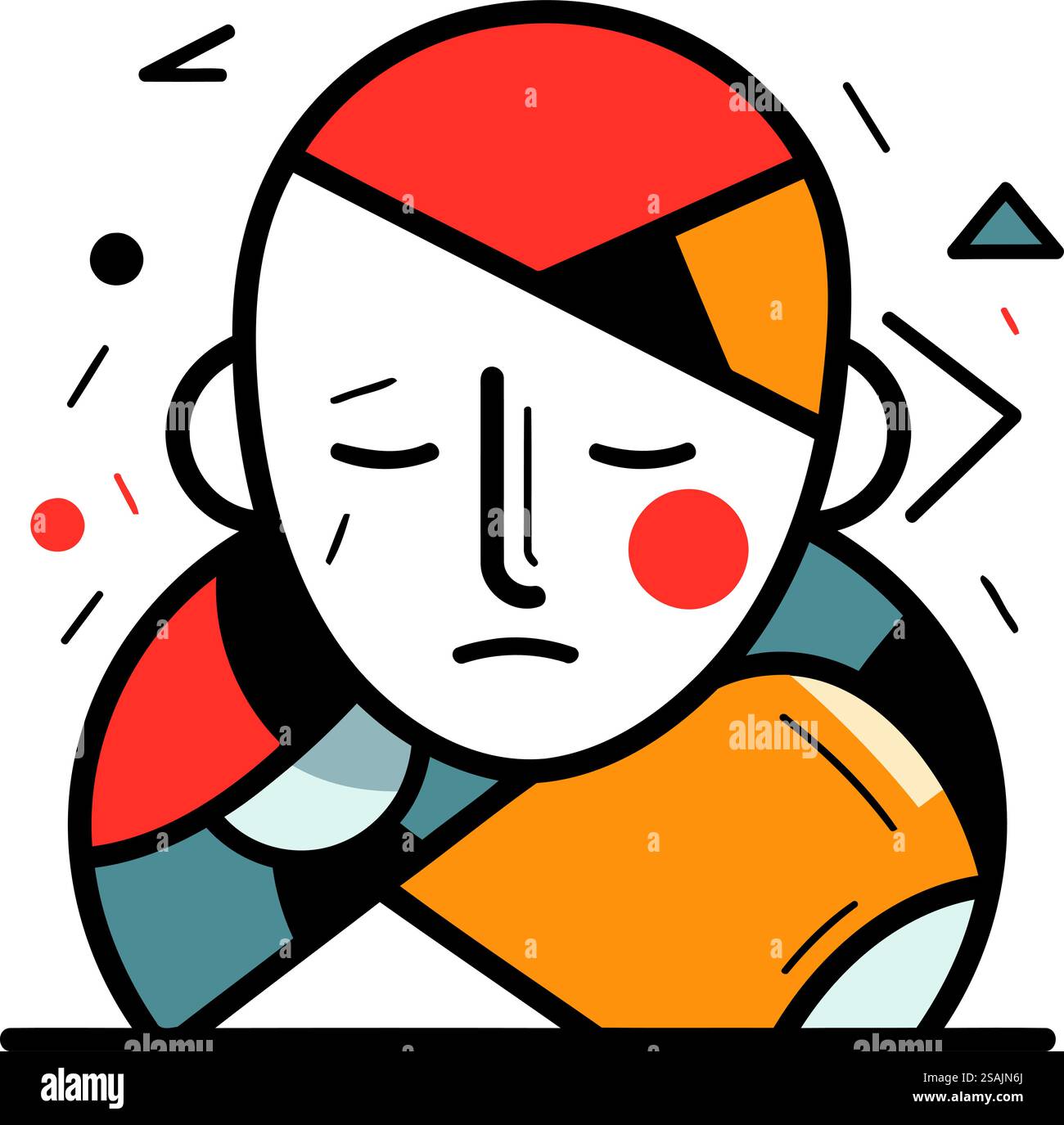 Vector illustration in flat line style of sad and depressed man with ...