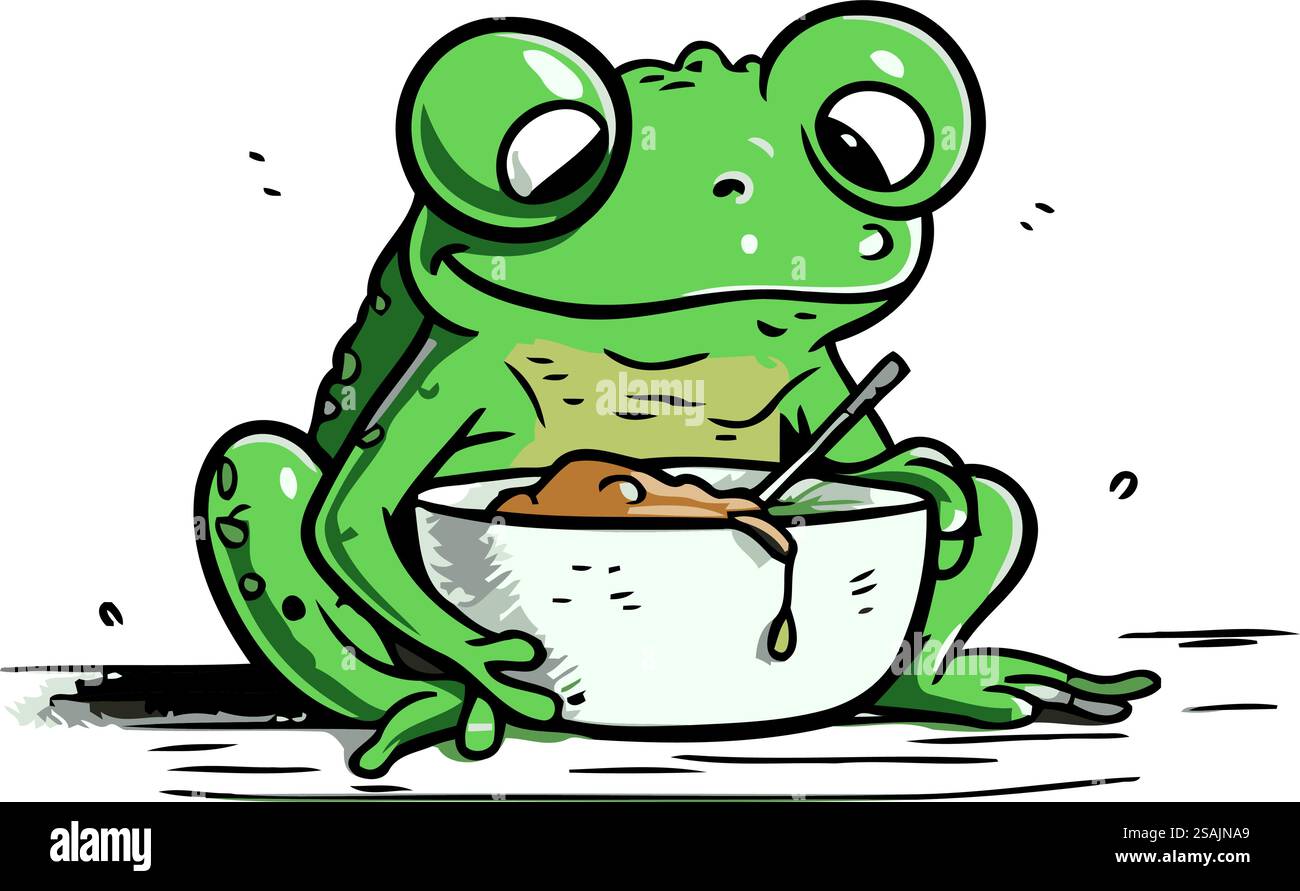 Frog eating from a bowl. Vector illustration on white background Stock ...