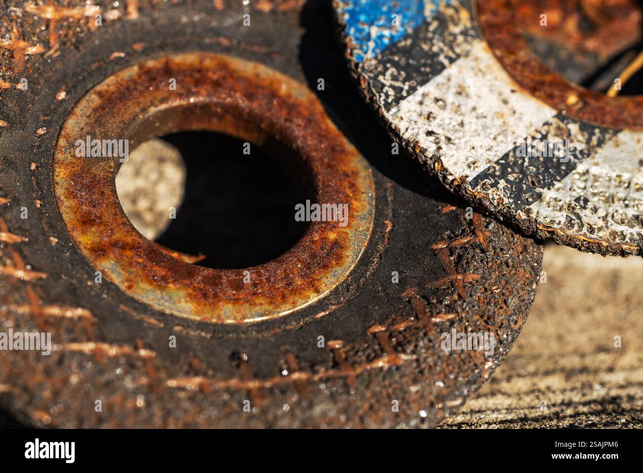 Old cutting discs for grinder tool, circular metallic discs with hole ...
