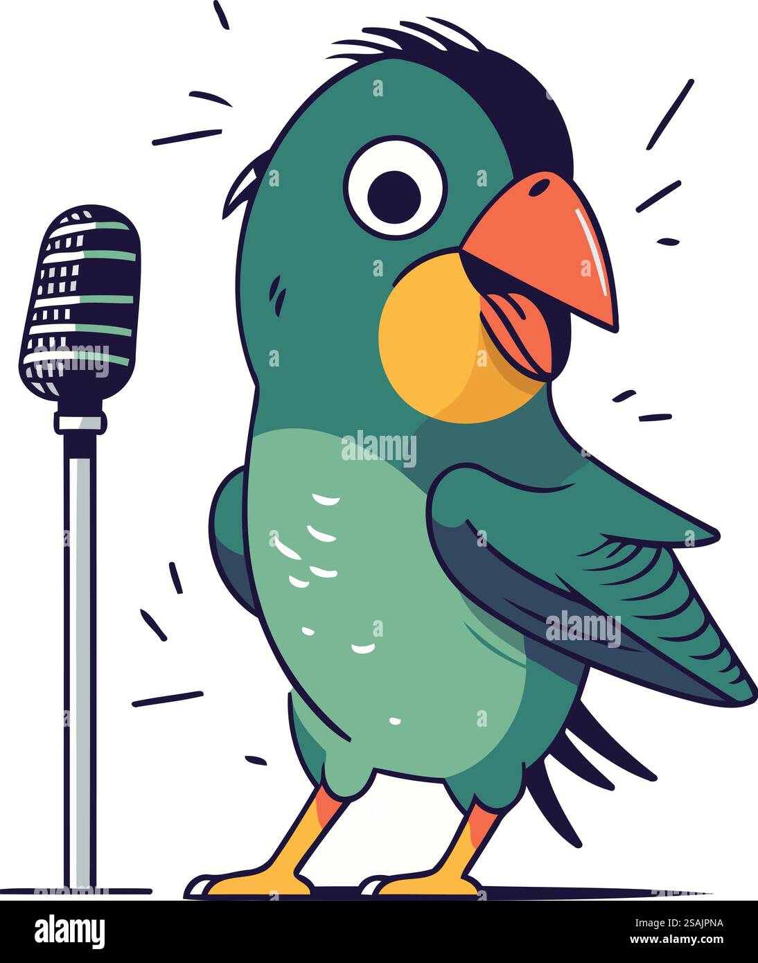 Cute cartoon parrot singing into a microphone. Vector illustration ...