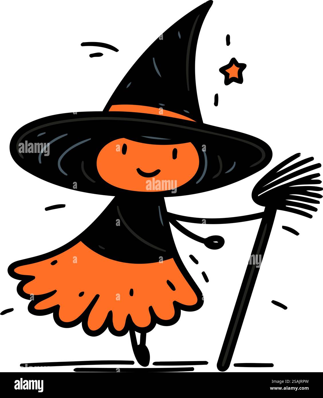 Cute cartoon witch with broomstick. Vector illustration in doodle style ...
