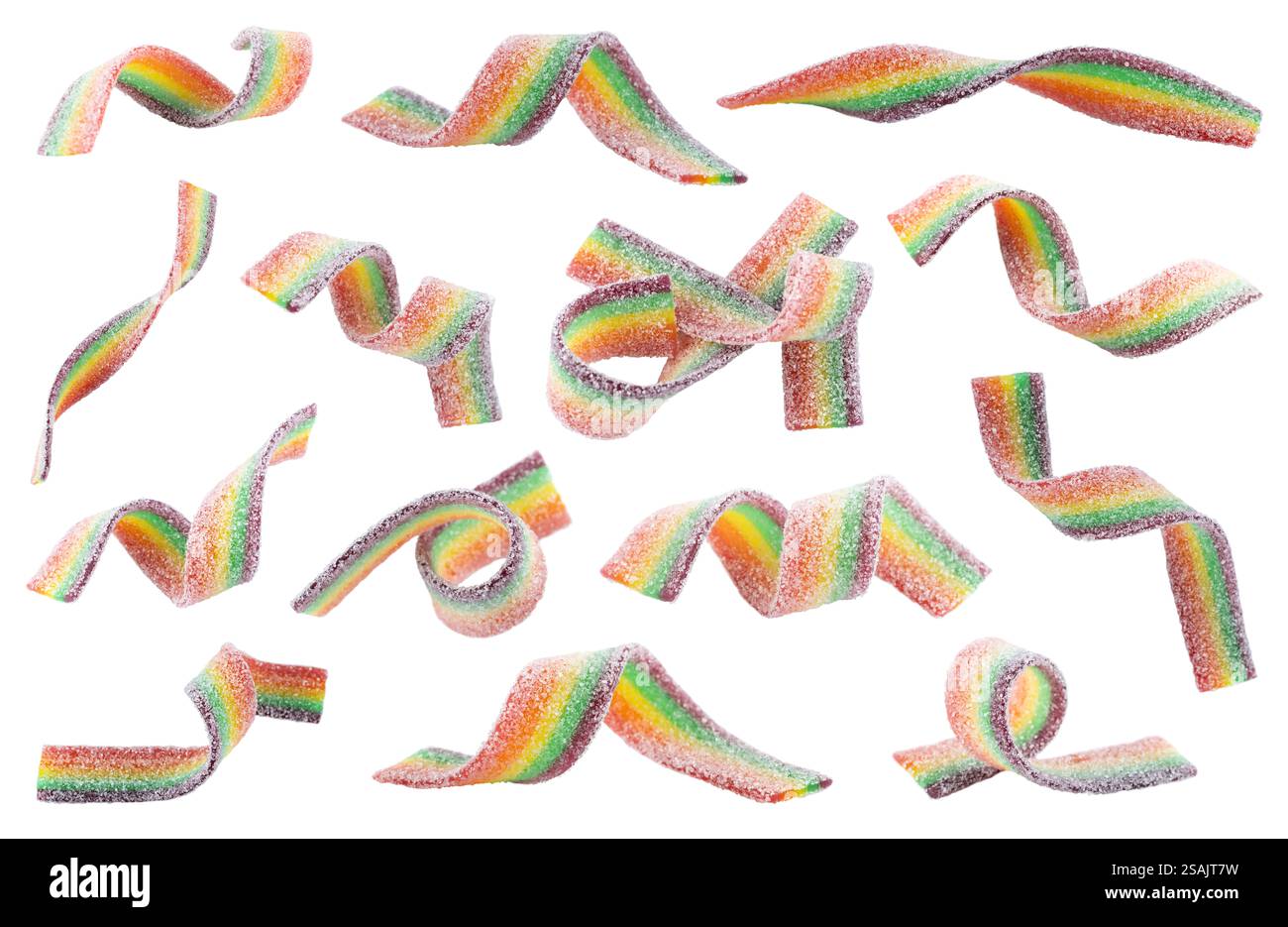 Set of rainbow sour jelly candies strips in sugar sprinkle on white ...