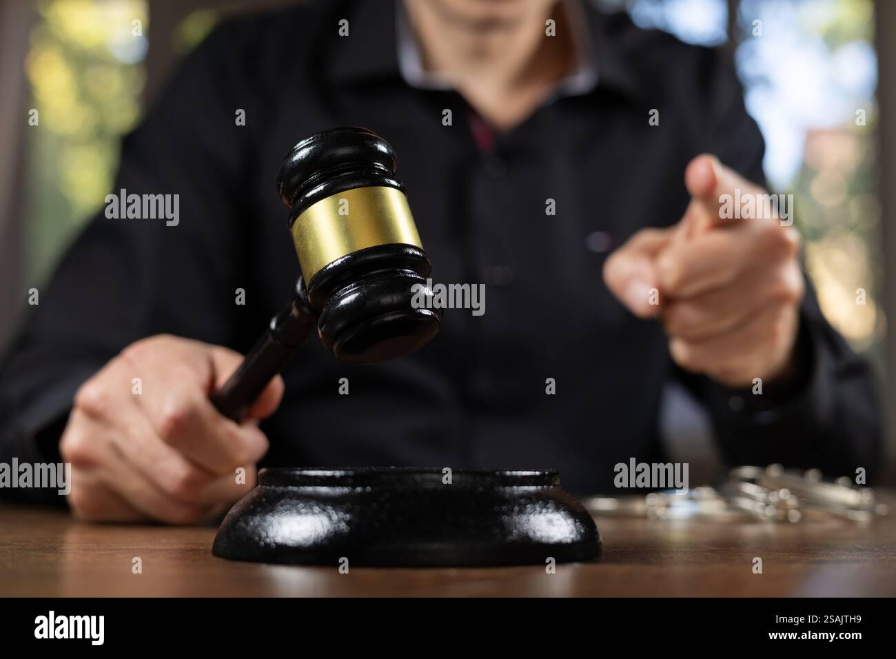 Judge banging judge's gavel index finger pointing. Law Lord wearing ...
