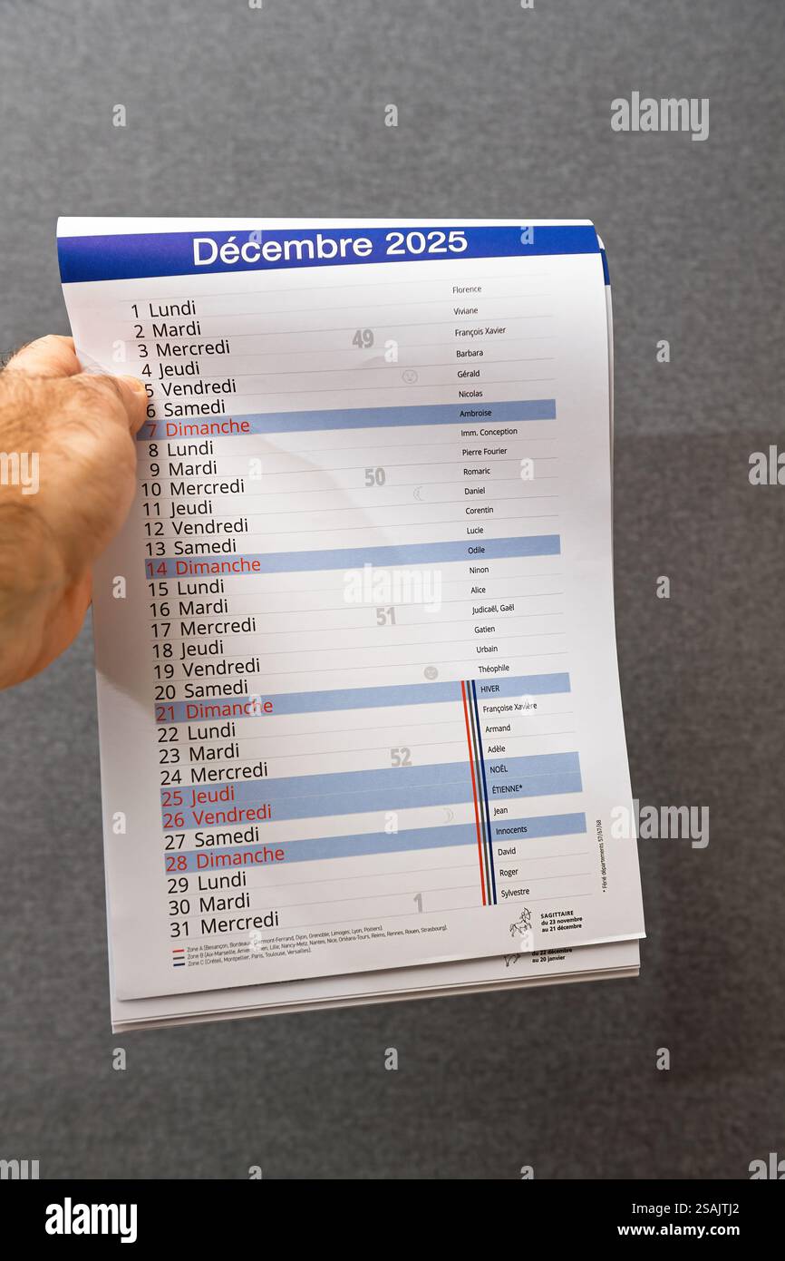 A calendar page for December 2025 with marked holidays such as Noel on ...