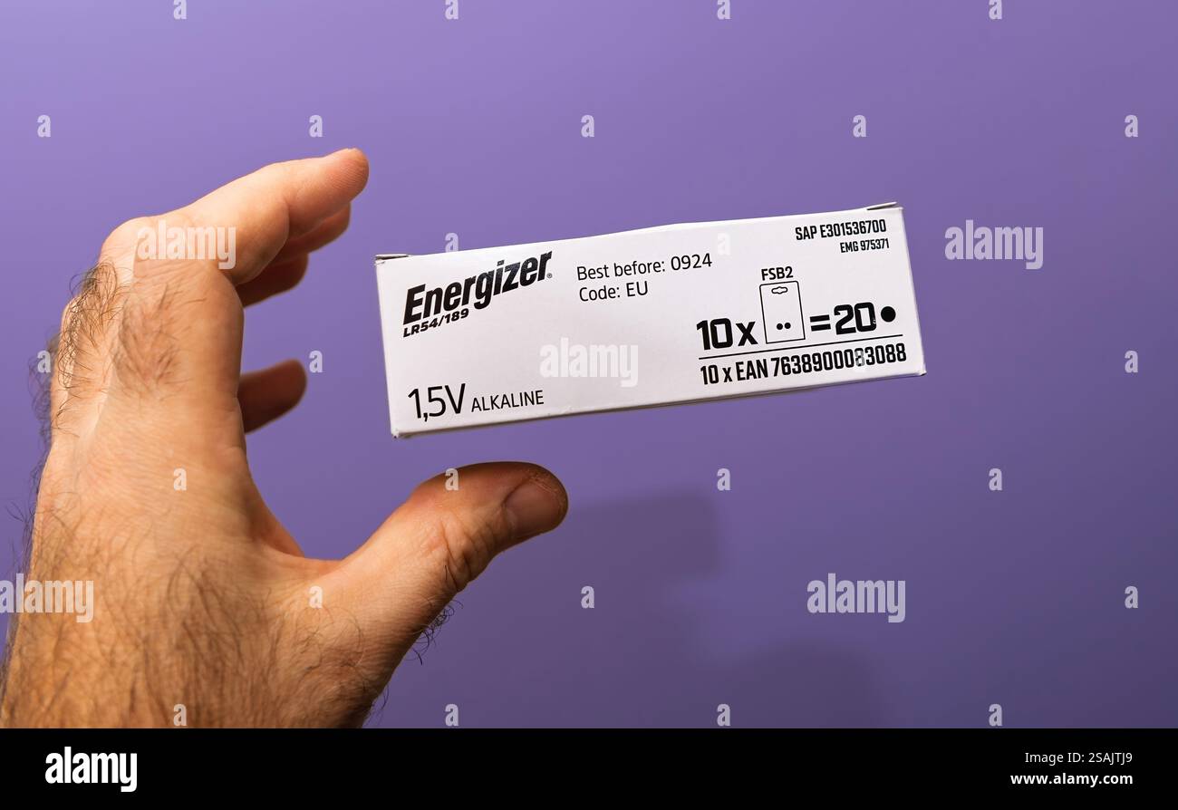 Paris, France - Jan 10, 2025: A close-up image of an Energizer battery ...