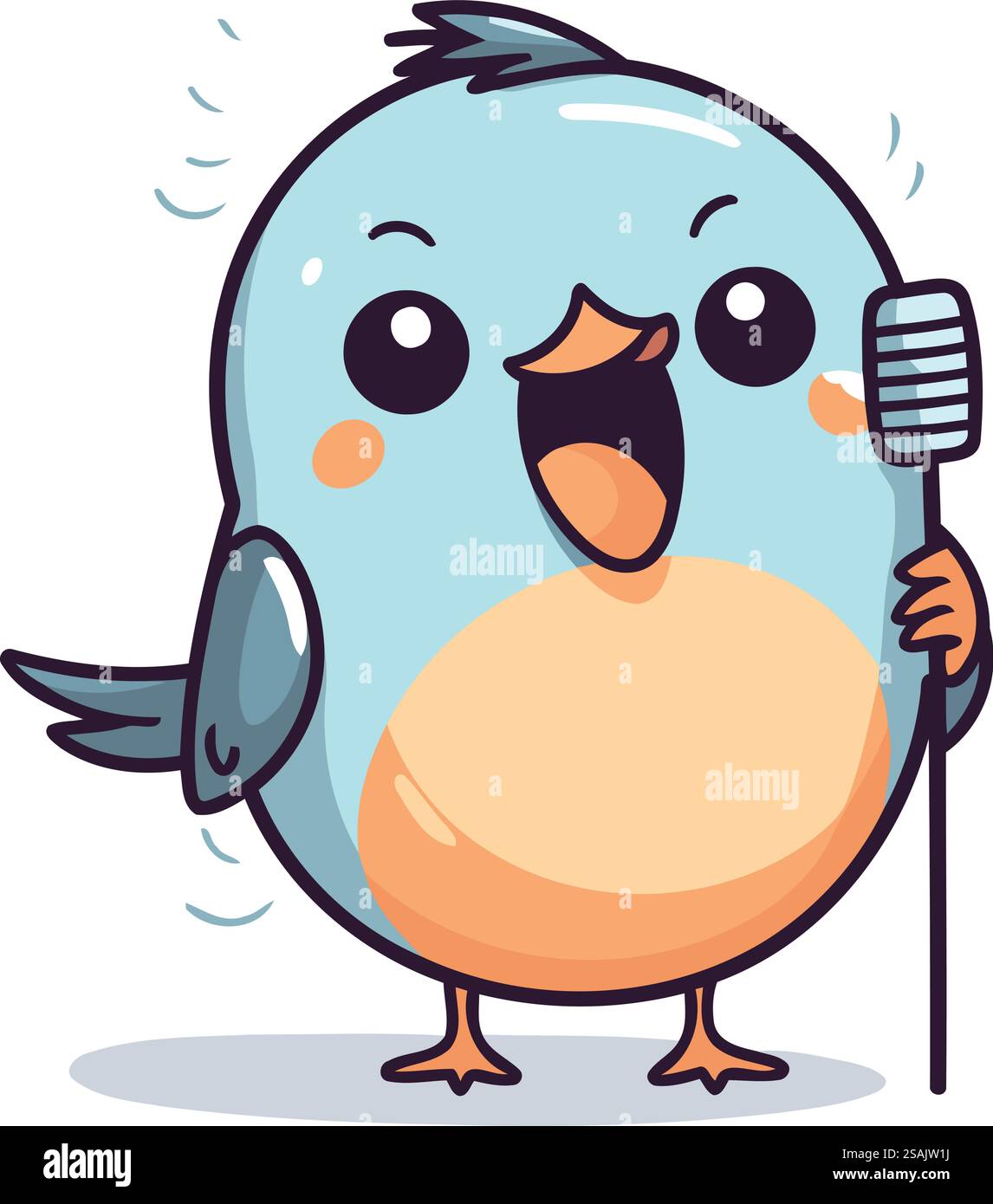 Cute blue bird singing with microphone. vector cartoon character ...