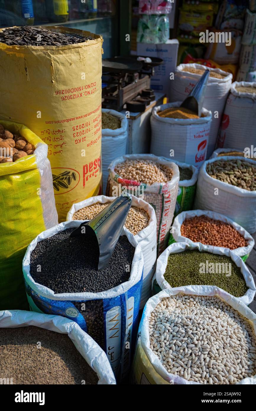Beans and cereals on the arabic market in Bahrain Manama Souq Stock ...