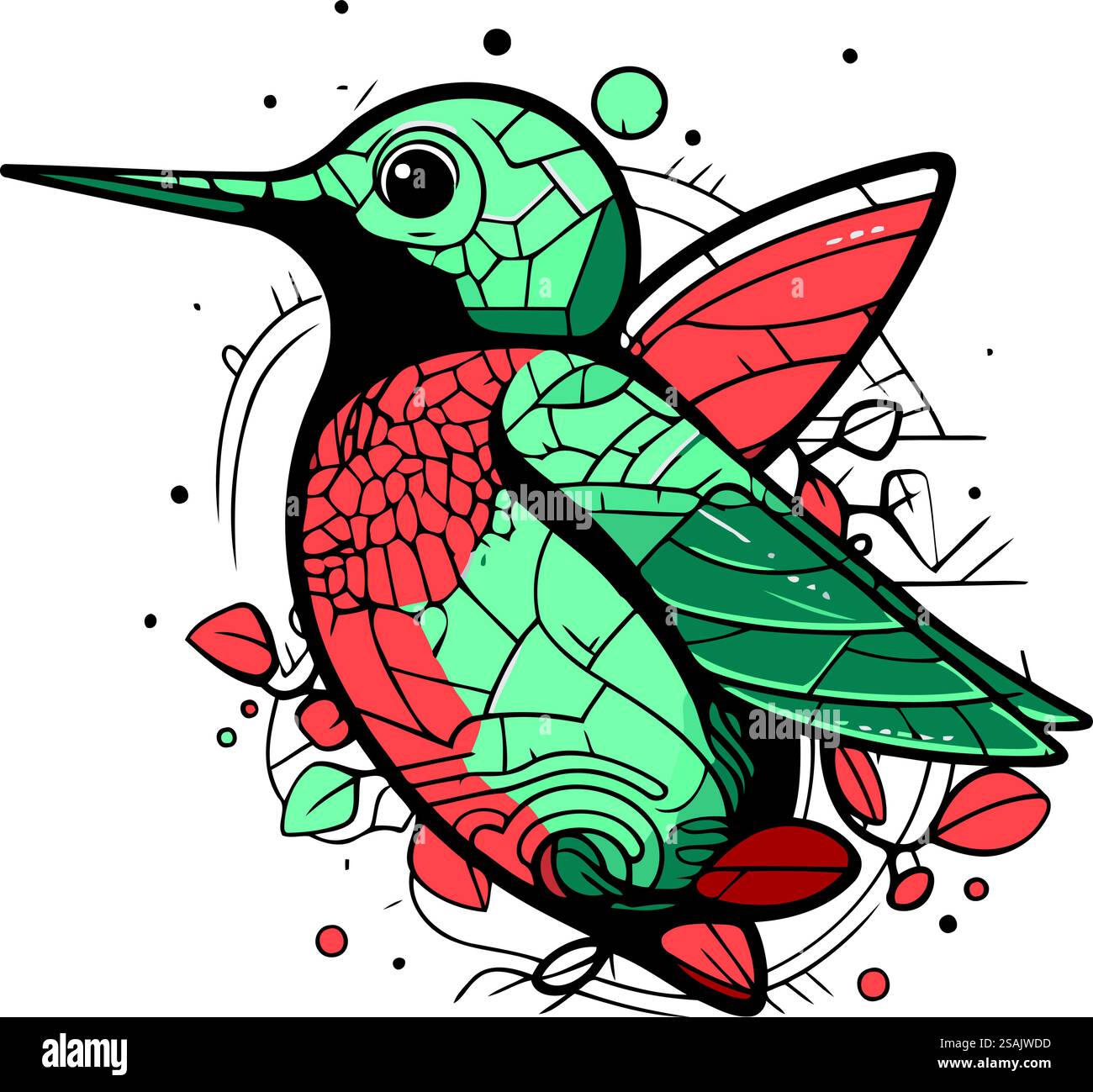 Hand drawn vector illustration of a hummingbird on a floral background ...