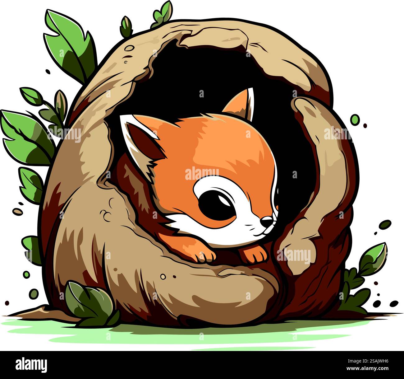 Illustration of a cute fox sleeping in a burrow with leaves Stock ...