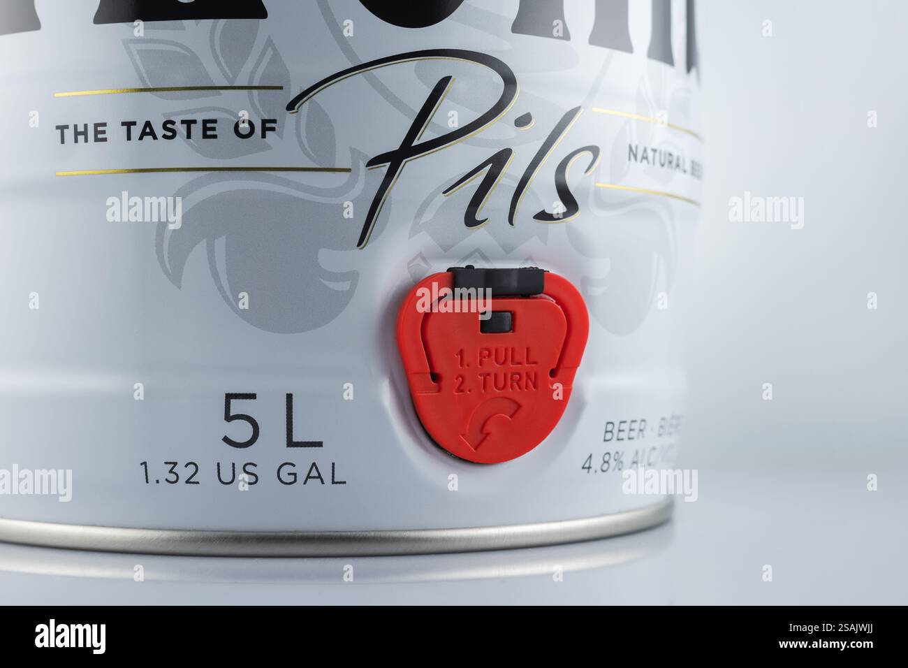 metal pils beer keg with tap on grey background Stock Photo - Alamy