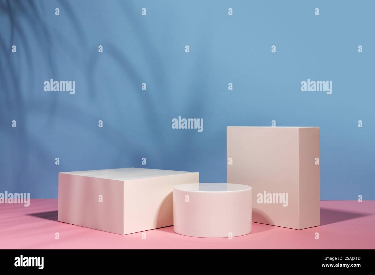 Abstract surreal scene - empty stage with white podiums on blue ...