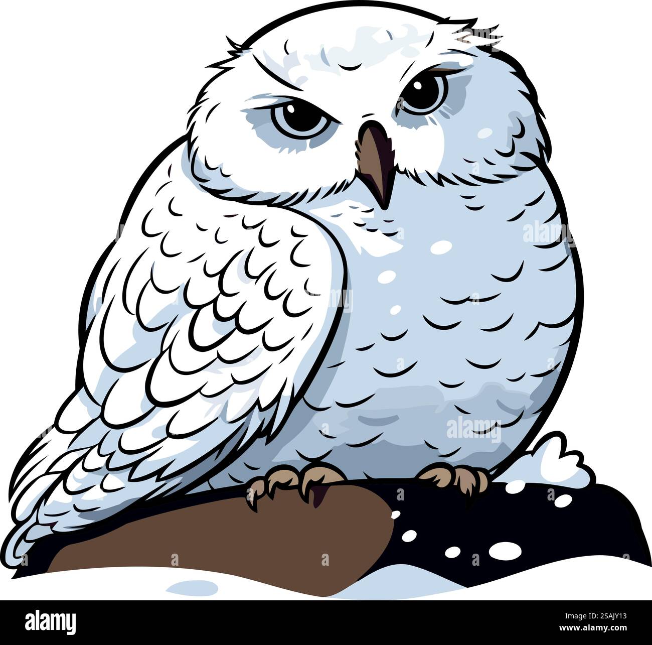 Illustration of a cute owl sitting on a snow covered ground Stock ...
