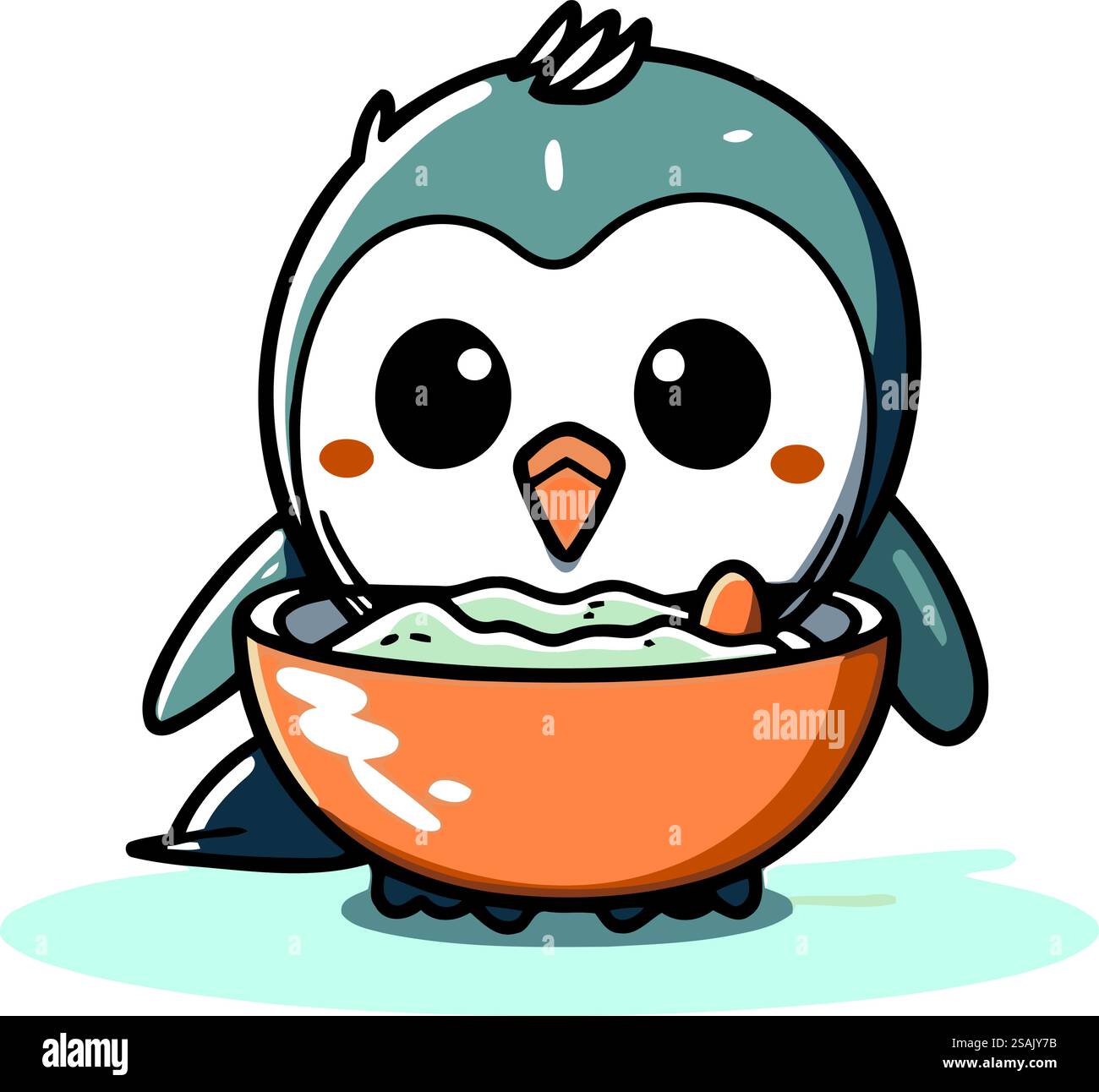 Cute penguin eating from a bowl. Vector cartoon illustration Stock ...