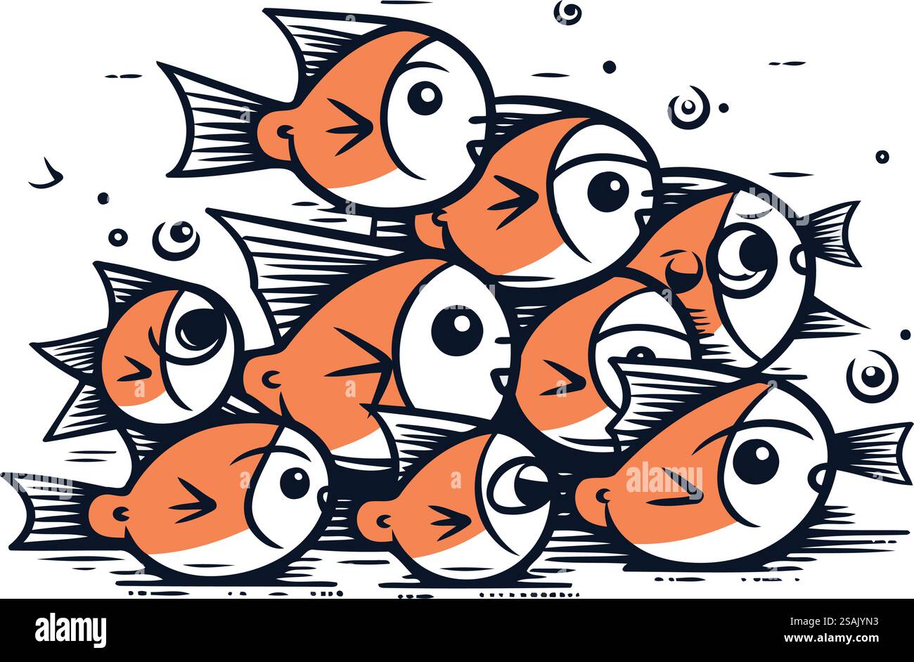Vector illustration of a group of fishes. Hand drawn cartoon style ...