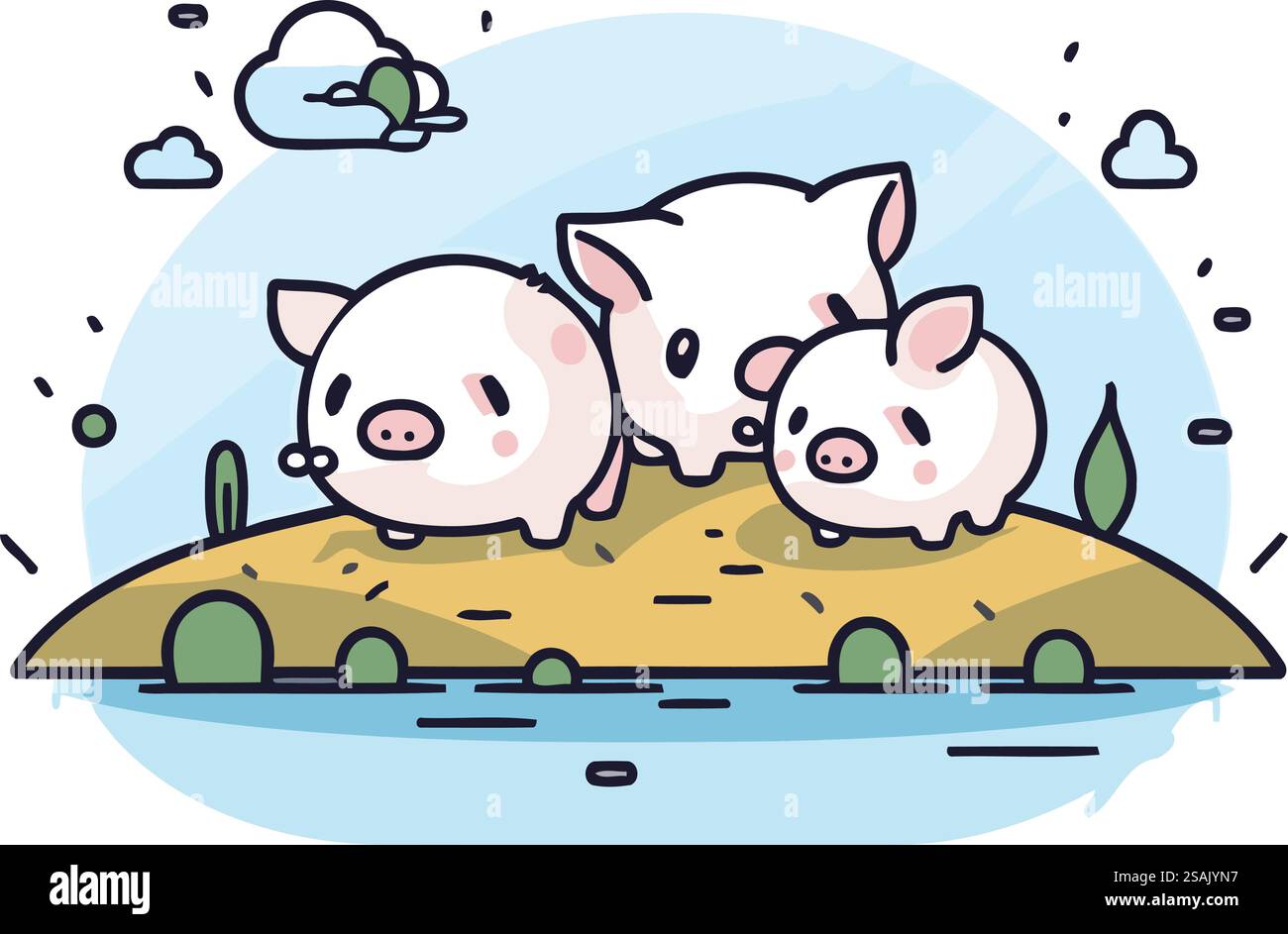 Vector illustration of cute pigs on island. Line art design for web ...