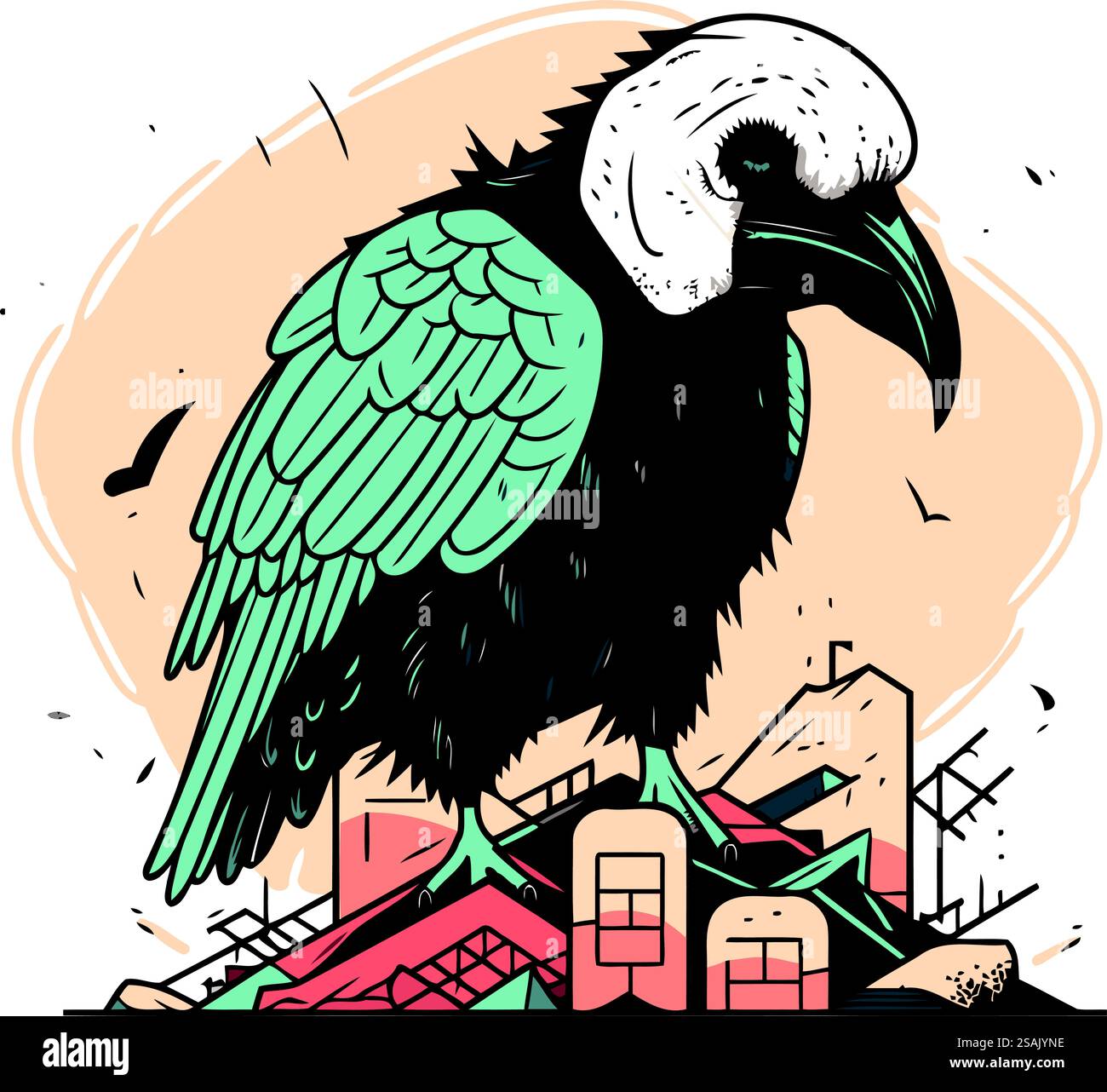 Hand drawn vector illustration of a raven on the background of a city ...