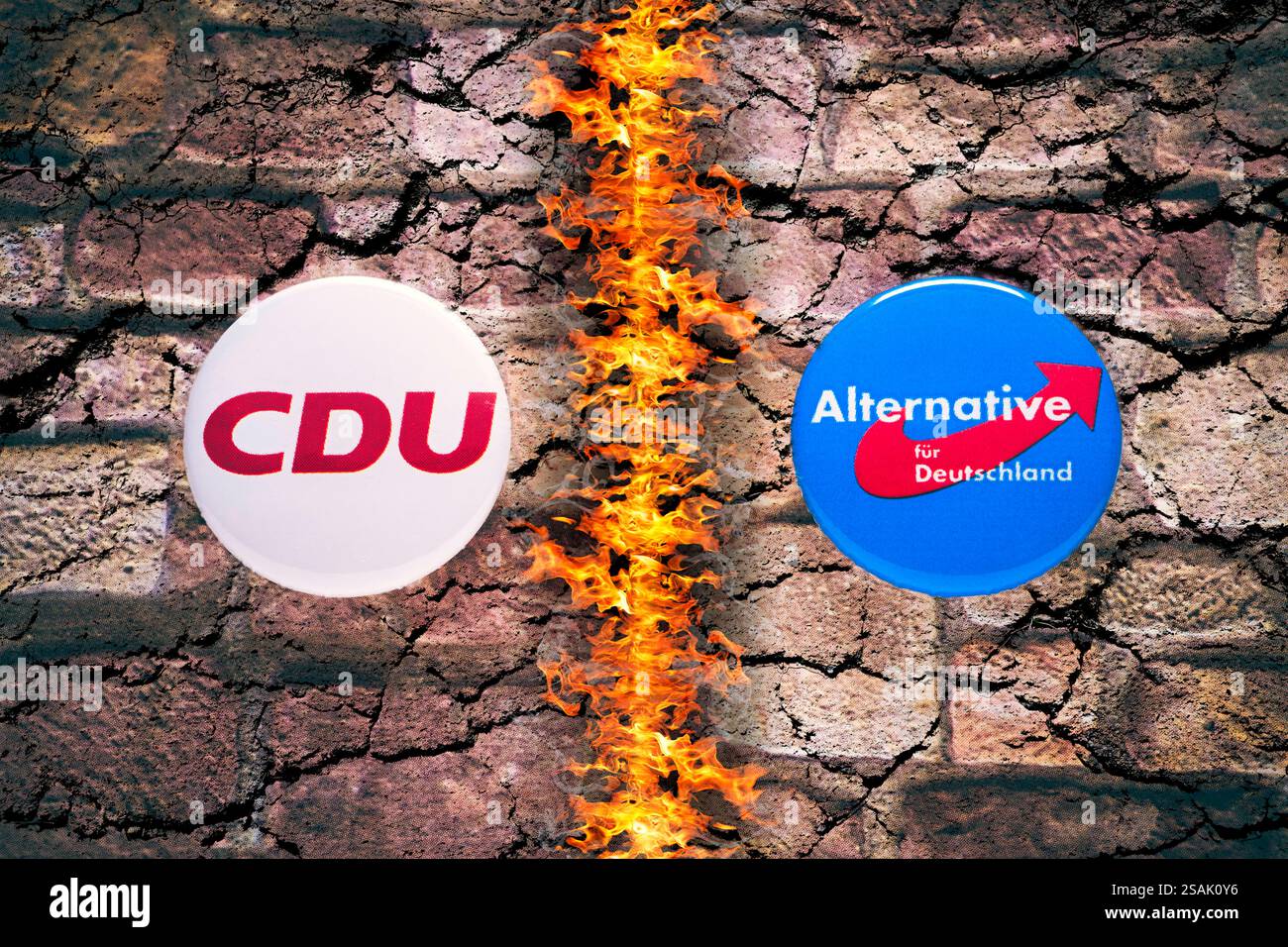 FOTOMONTAGE, Parteianstecker von CDU und AfD vor gebrochener Mauer mit ...