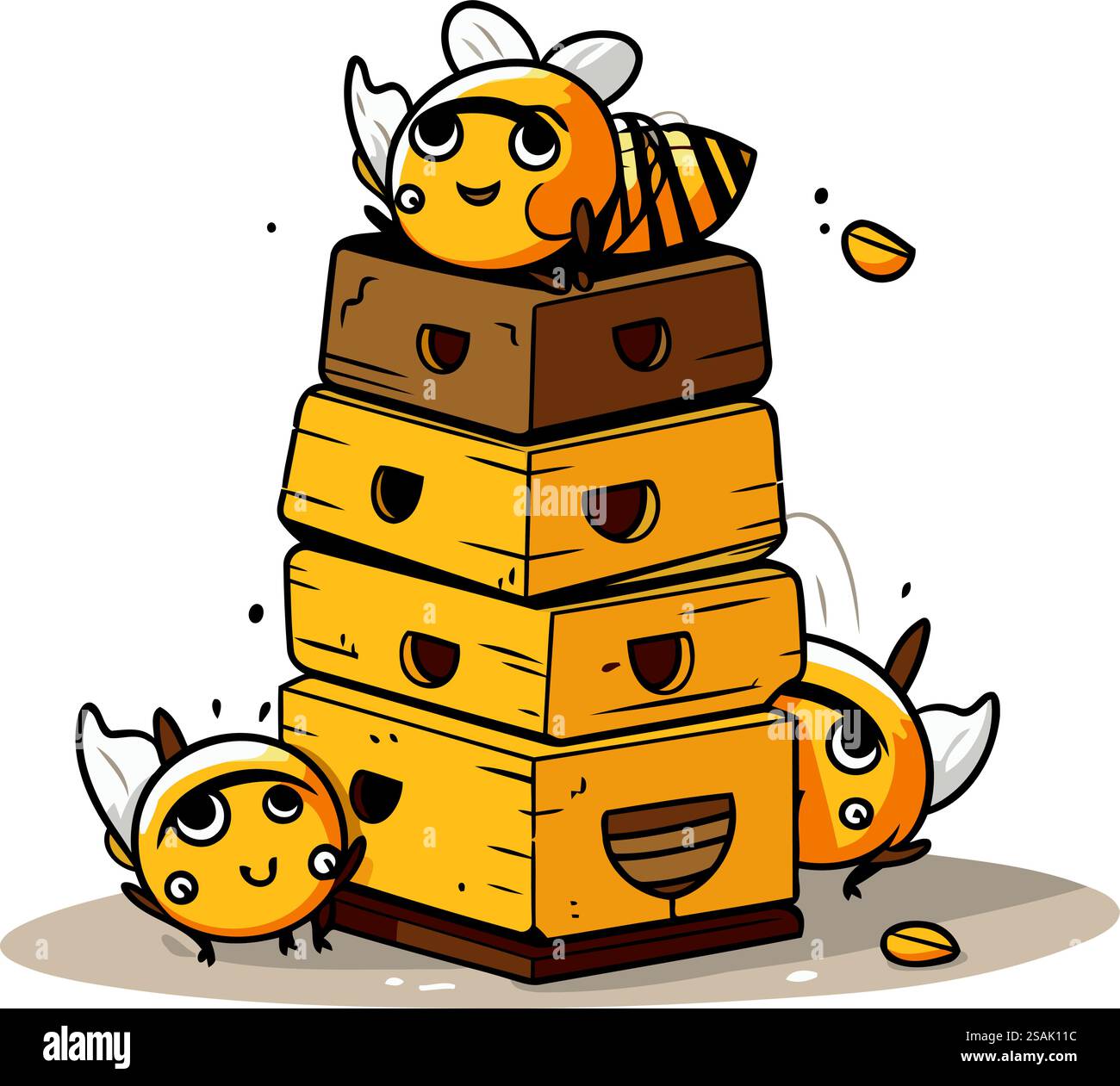 Cute bees and boxes of honey. Vector illustration in cartoon style ...