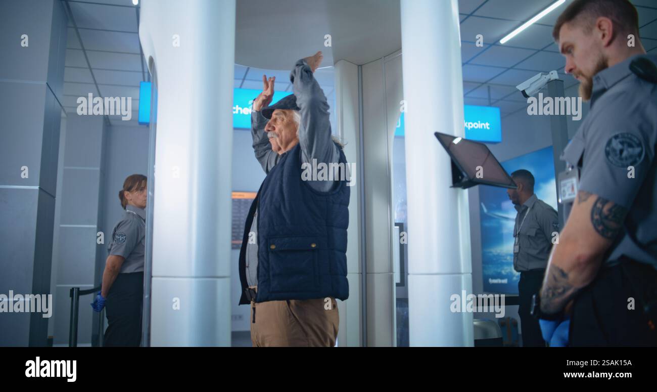 Airport Terminal: Elderly Man Passes Through Metal Detector Gates on ...