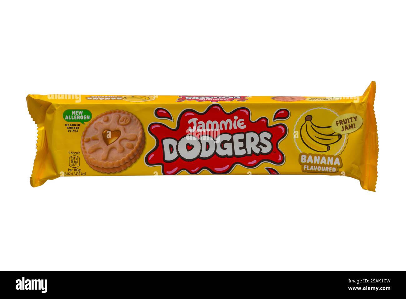 Packet of Banana flavoured Jammie Dodgers biscuits isolated on white ...