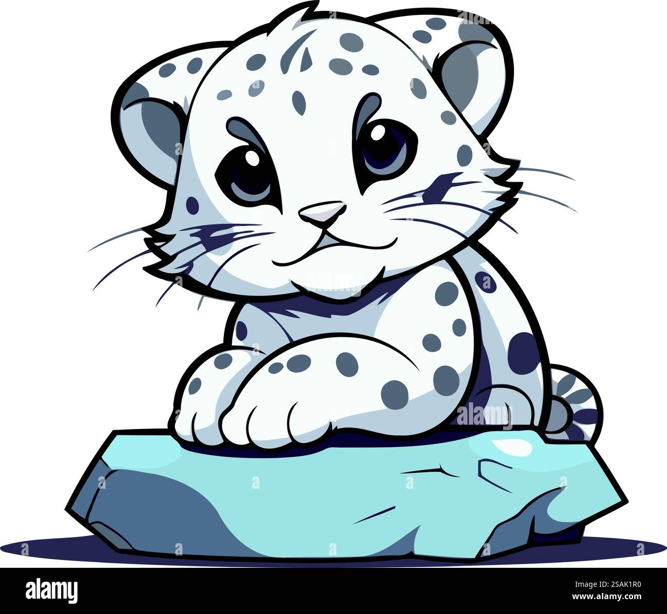 Cute cartoon snow leopard sitting on a rock. Vector illustration Stock ...