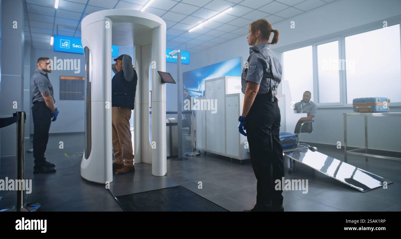 Airport Terminal Checkpoint: Diverse People Walking Through Metal ...