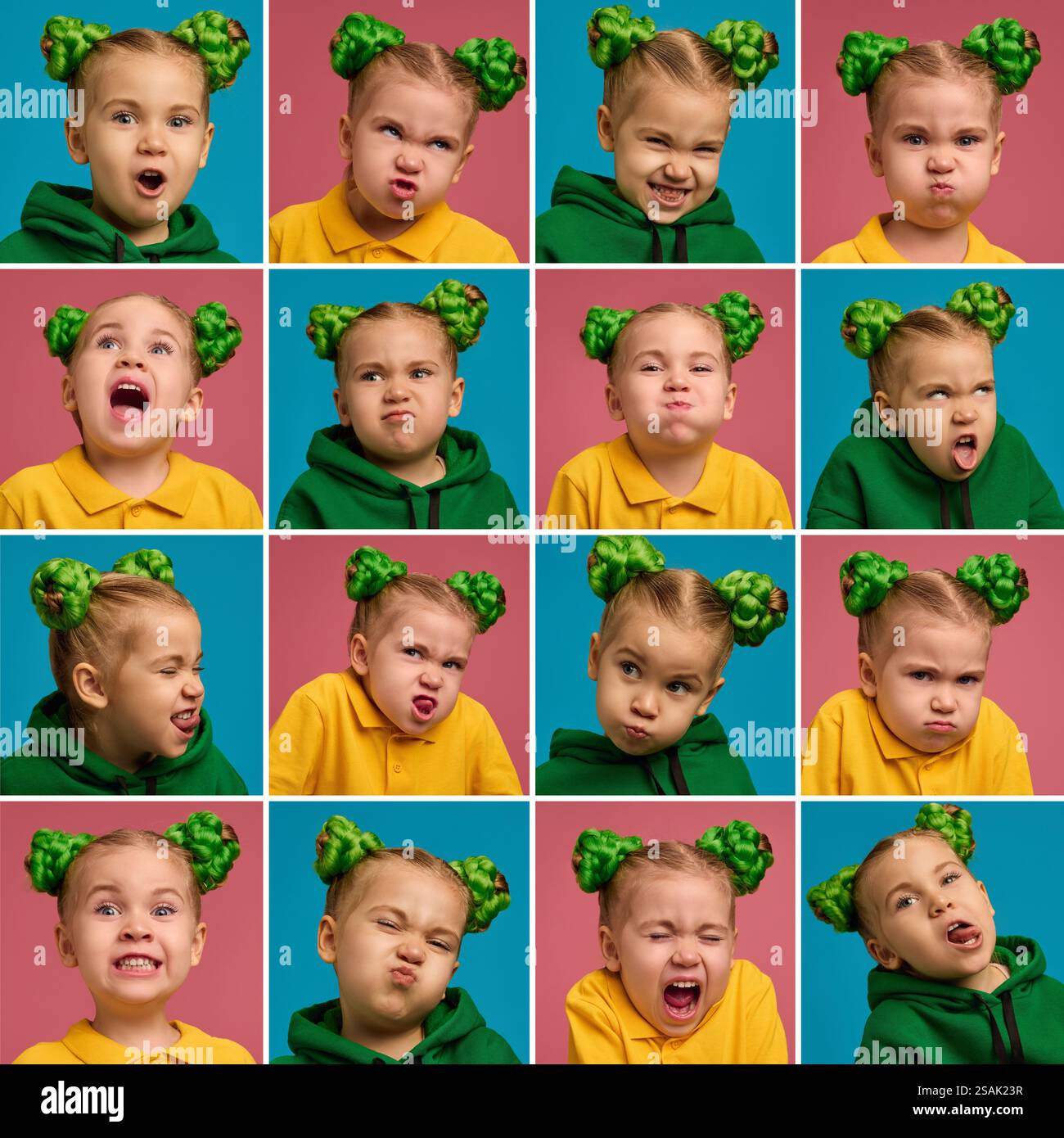 Vibrant mix of emotions of girl, child with green buns hairstyle ...