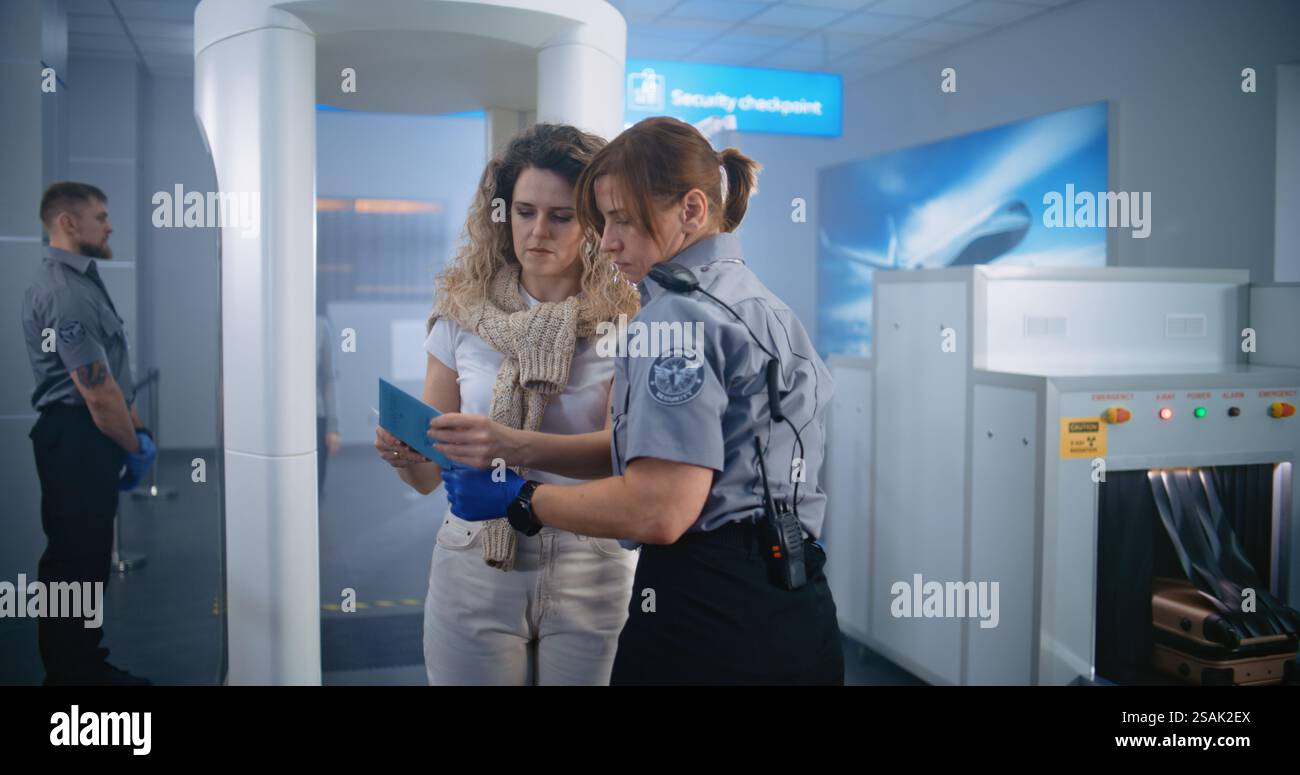 Airport Terminal: Woman Passes Through Metal Detector Scanner Gates on ...