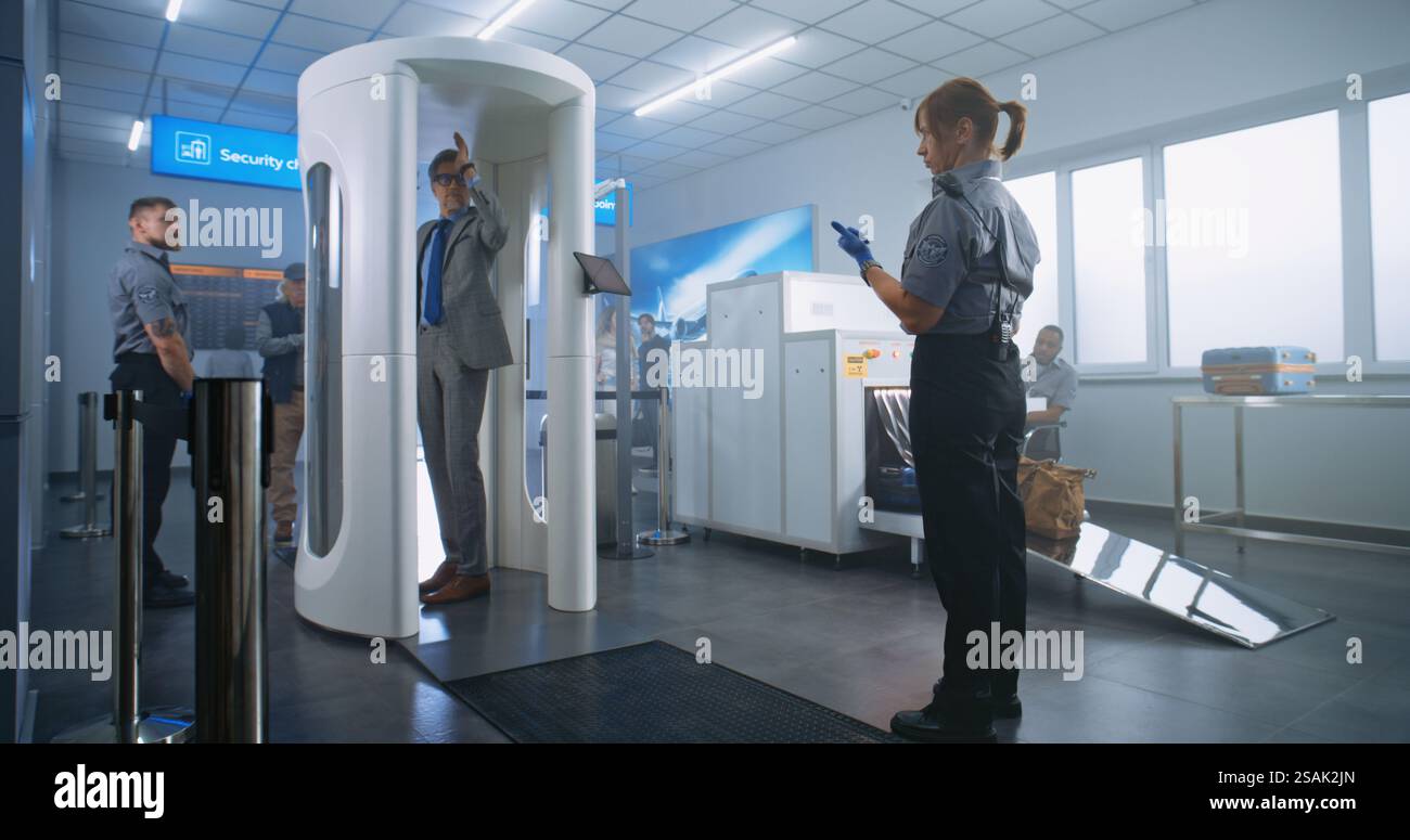 Airport Terminal Checkpoint: Diverse People Walking Through Metal ...