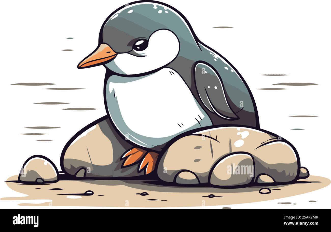 Penguin sitting on rock. Vector illustration of cartoon penguin Stock ...