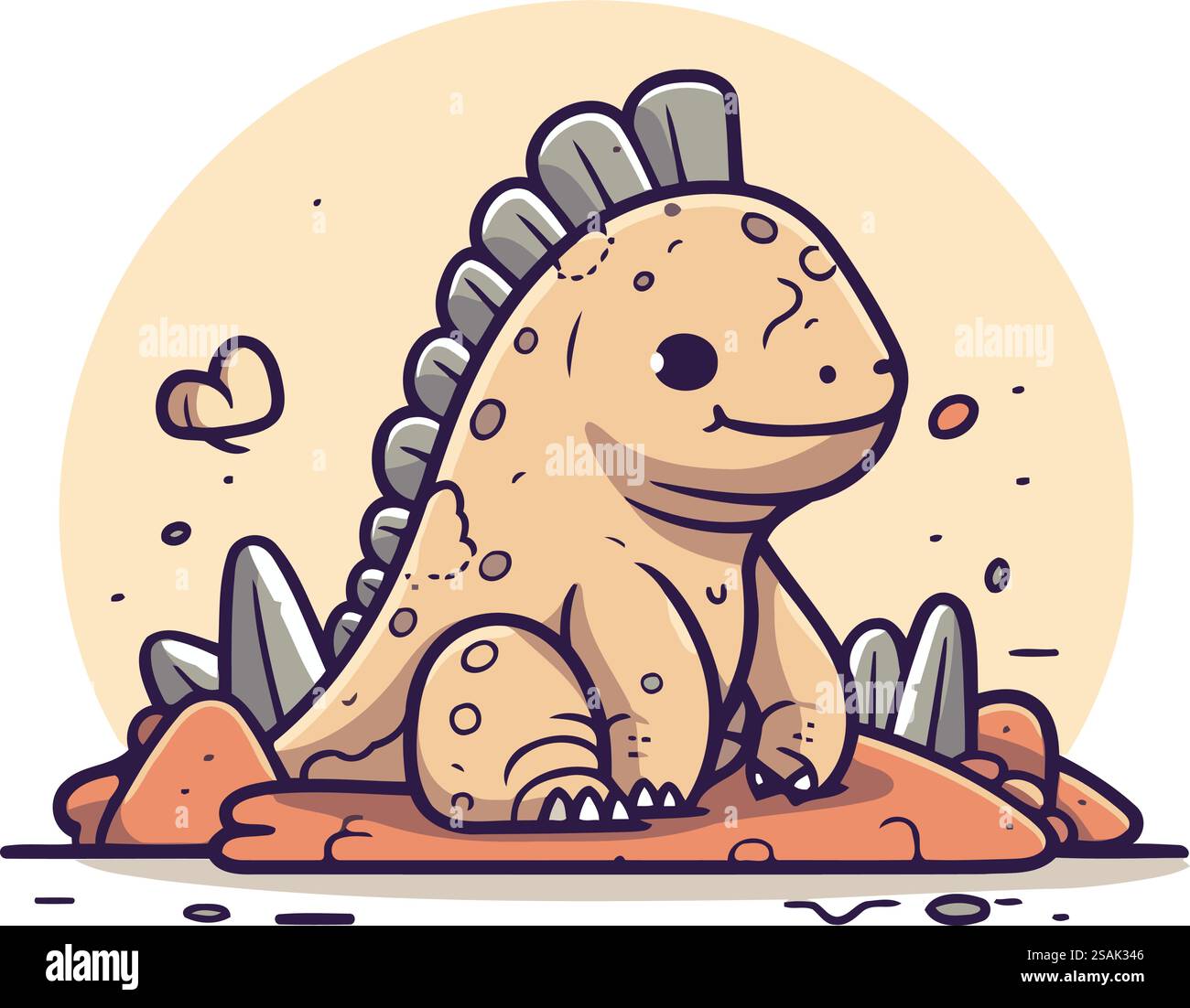 Cute cartoon dinosaur sitting on the rock. Vector illustration in ...
